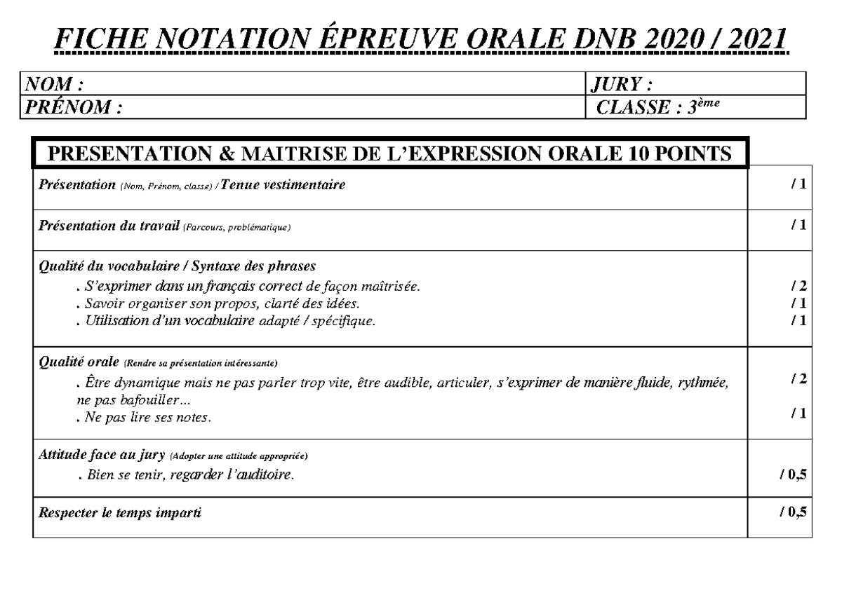 Fiche notation de l'oral - FICHE NOTATION ÉPREUVE ORALE DNB 2020 / 20 21 NOM : JURY : PRÉNOM ...