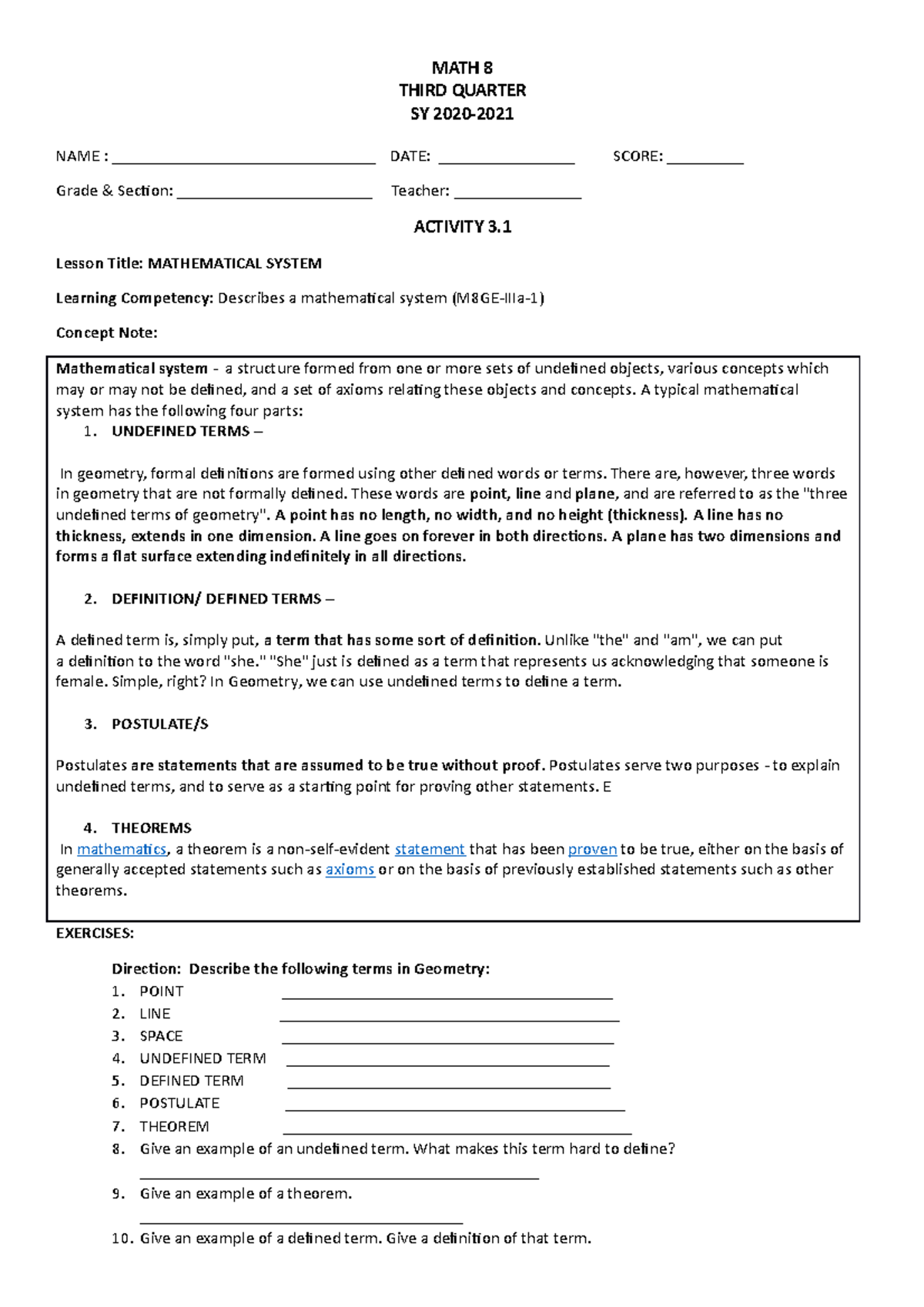 MATH8 3rd Quarter (WEEK 1-7 ) - THIRD QUARTER SY 2020- NAME