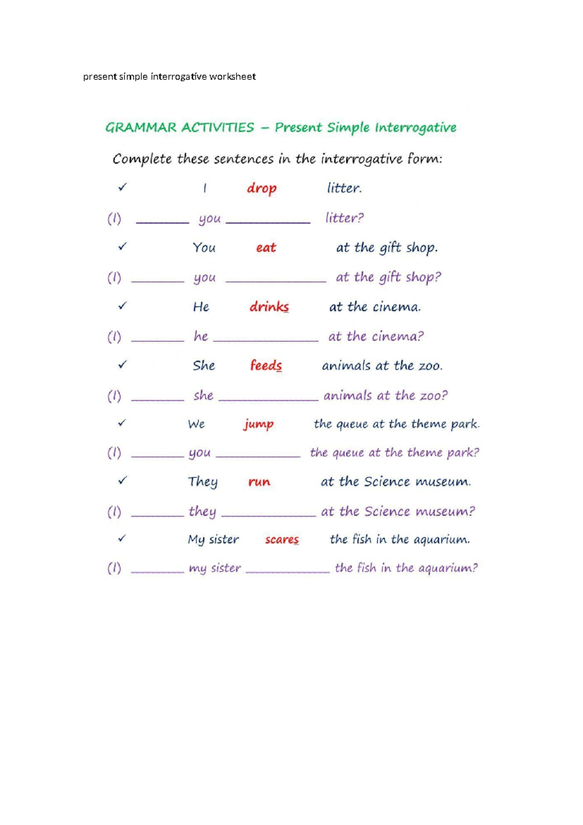 Present simple interrogative worksheet - Ingles II - Studocu