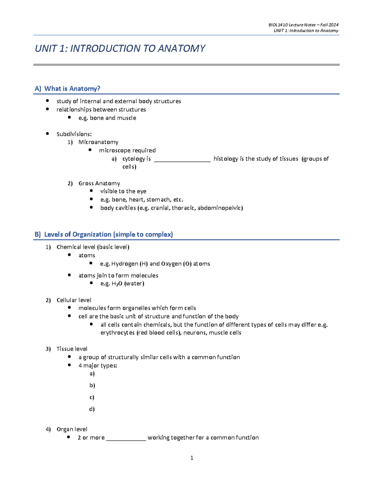 1 - UNIT 1 - Introduction TO Anatomy (2024) - BIOL1410 Lecture Notes ...