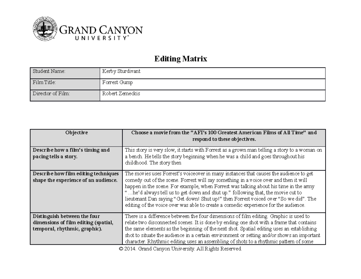 Editing matrix - Editing Matrix Student Name: Kerby Sturdivant Film Title: Forrest Gump Director ...