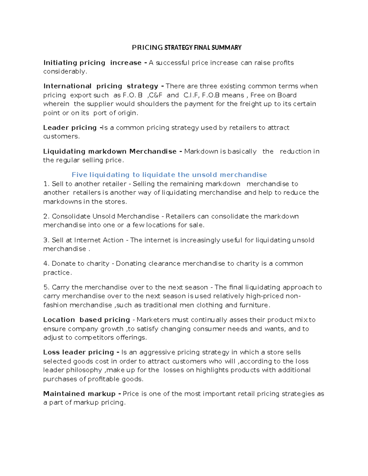 Final summary of pricing - PRICING STRATEGY FINAL SUMMARY Initiating ...