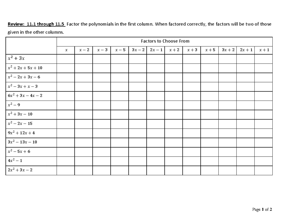 0028 Factoring Review thru 11 5 - Review: 11 through 11 Factor the ...
