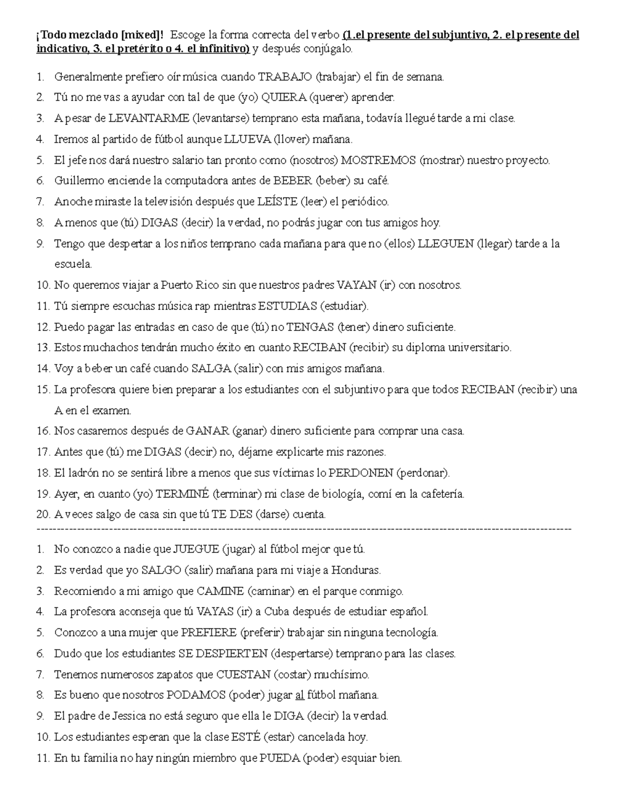 presente del subjuntivo worksheet - ¡Todo mezclado [mixed]! Escoge la ...