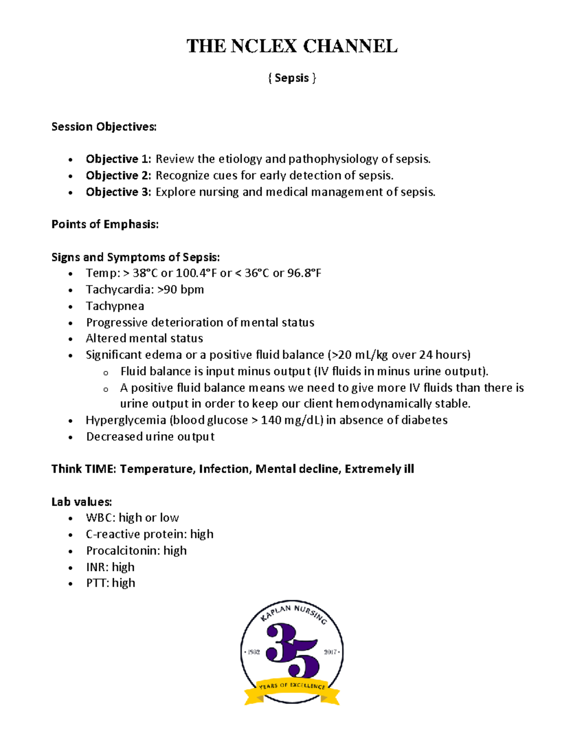 67412281 sepsis - handout - THE NCLEX CHANNEL { Sepsis } Session ...