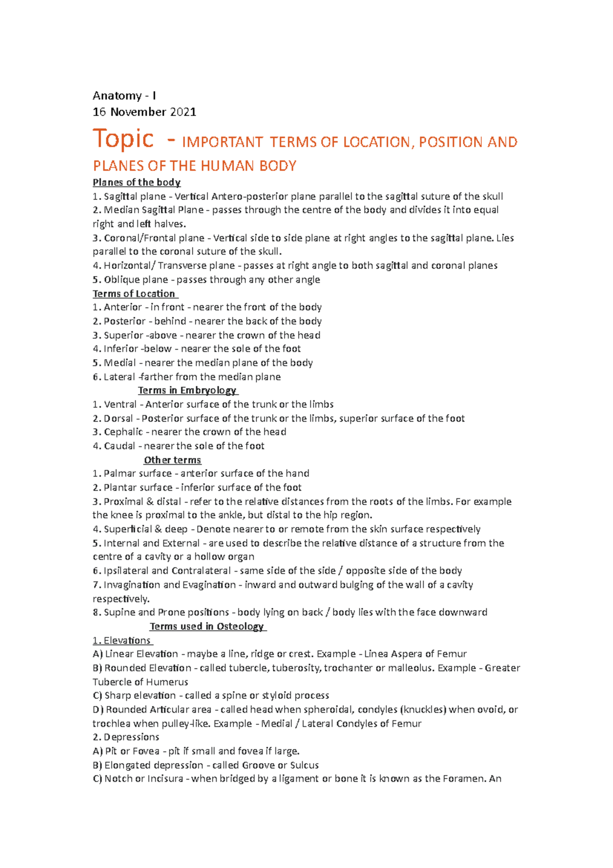 Important Terminologies IN Anatomy Regarding Position, Locations AND ...