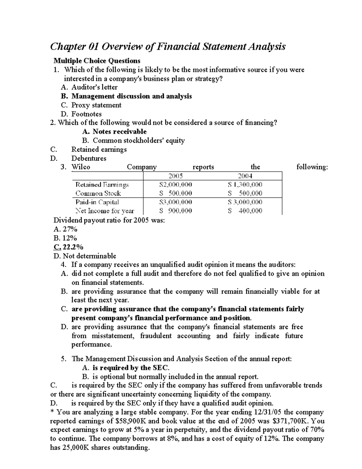 Test bank 1234 - Chapter 01 Overview of Financial Statement Analysis ...