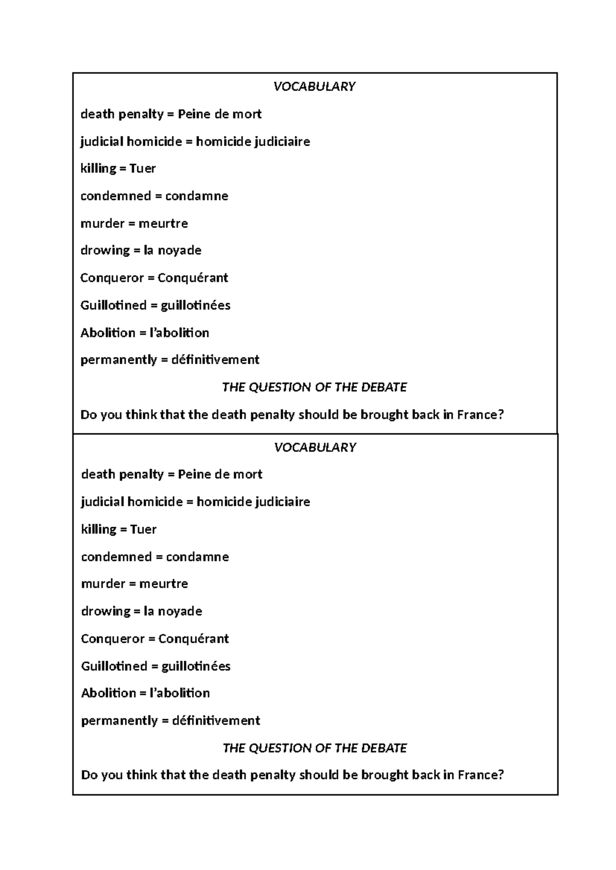 ANG voc - Vocabulaire anglais - VOCABULARY death penalty = Peine de ...