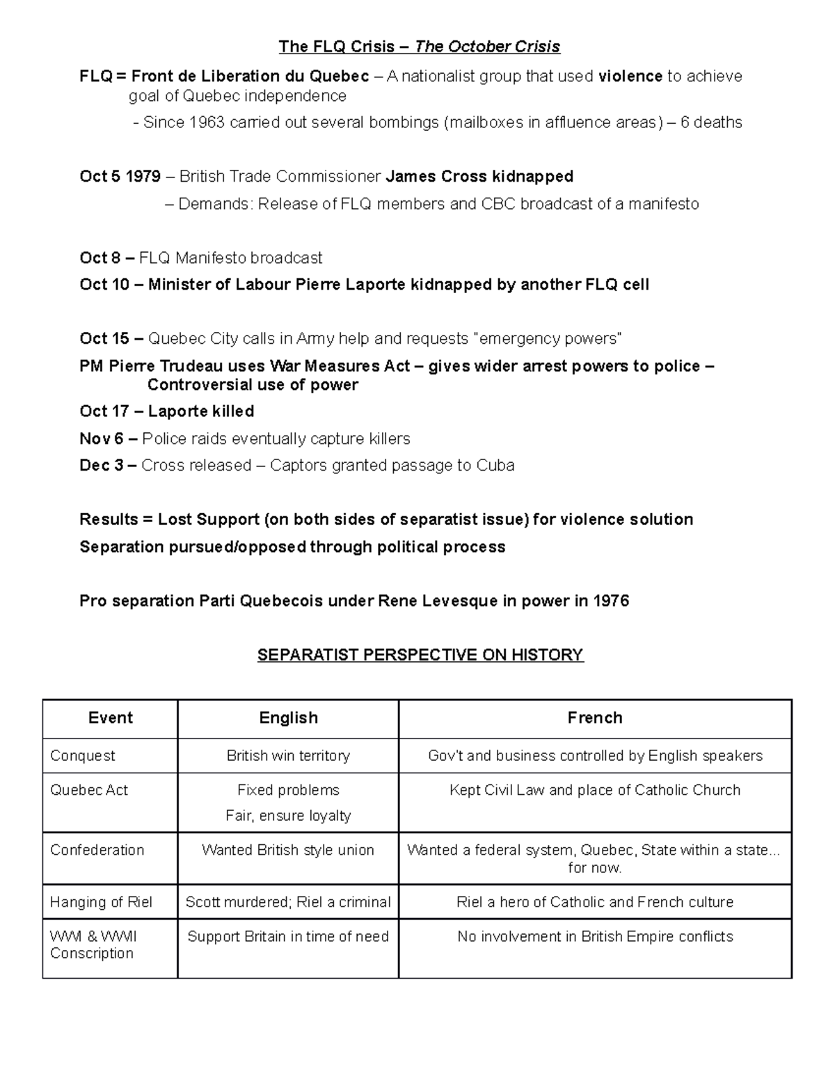 The flq crisis-helmer - Lecture notes 1 - The FLQ Crisis – The October ...