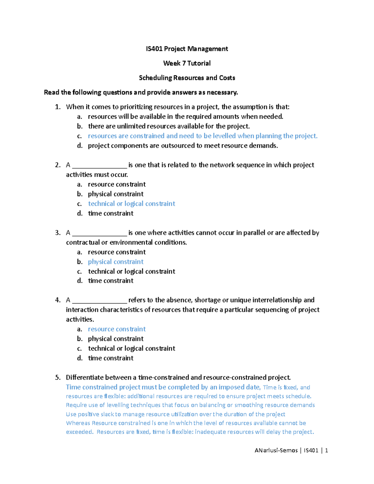 IS401-Wk7 Tutorial - Summary notes - IS401 Project Management Week 7 ...