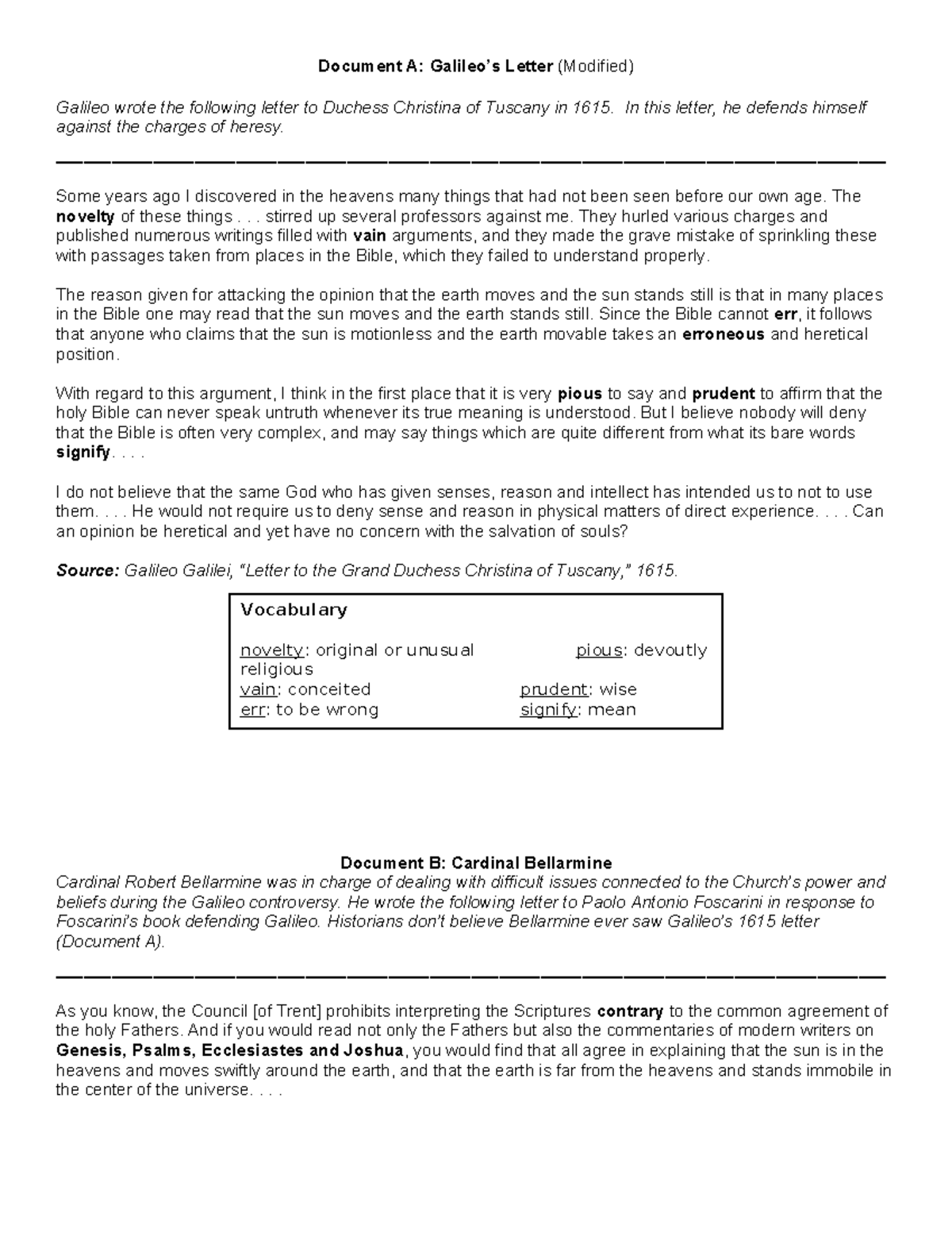 Trial of galileo readings - Document A: Galileo’s Letter (Modified ...
