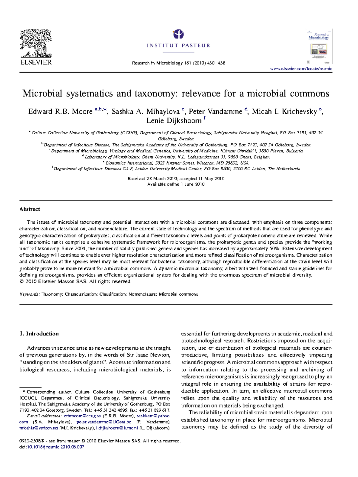 Microbial systematics and taxonomy relevance for a microbial commons - Moore a,b,*, Sashka A ...