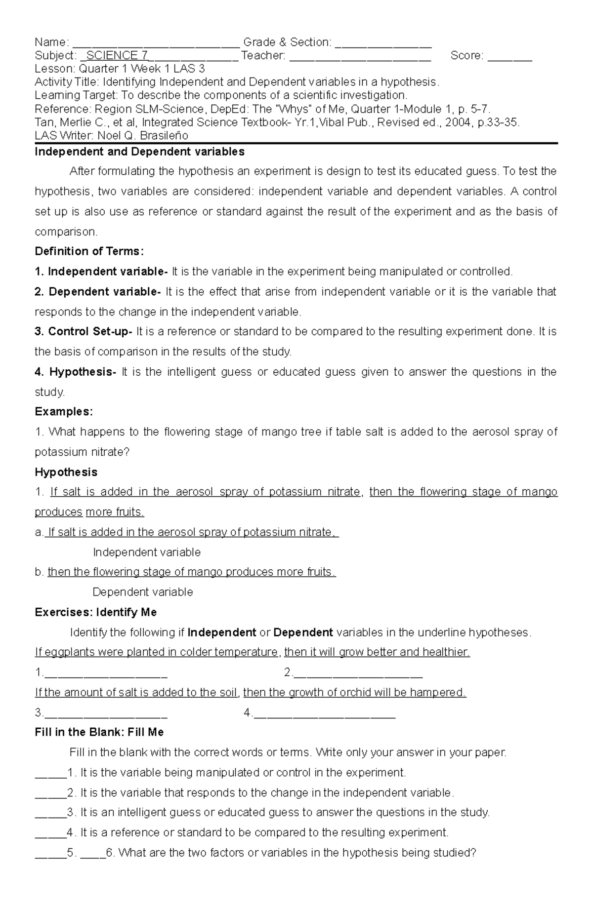 Science 7 Q1 WEEK 1 LAS3 - LAS - Name: __________________________ Grade ...
