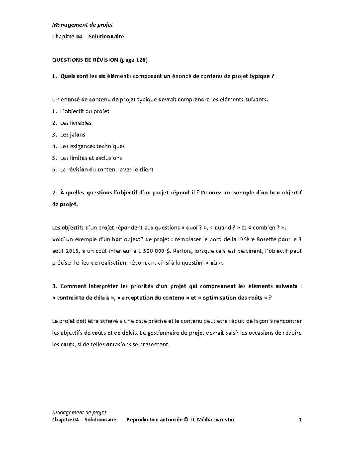 Solutionnaire livre chapitre 4 - Chapitre 04 – Solutionnaire Management de projet QUESTIONS DE ...