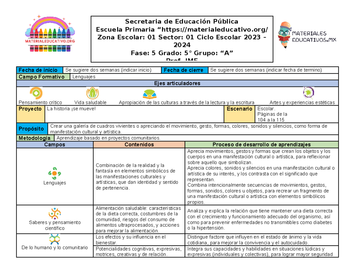 Planeacion Del 5to Grado 05 La Historia Se Mueve 2023 2024