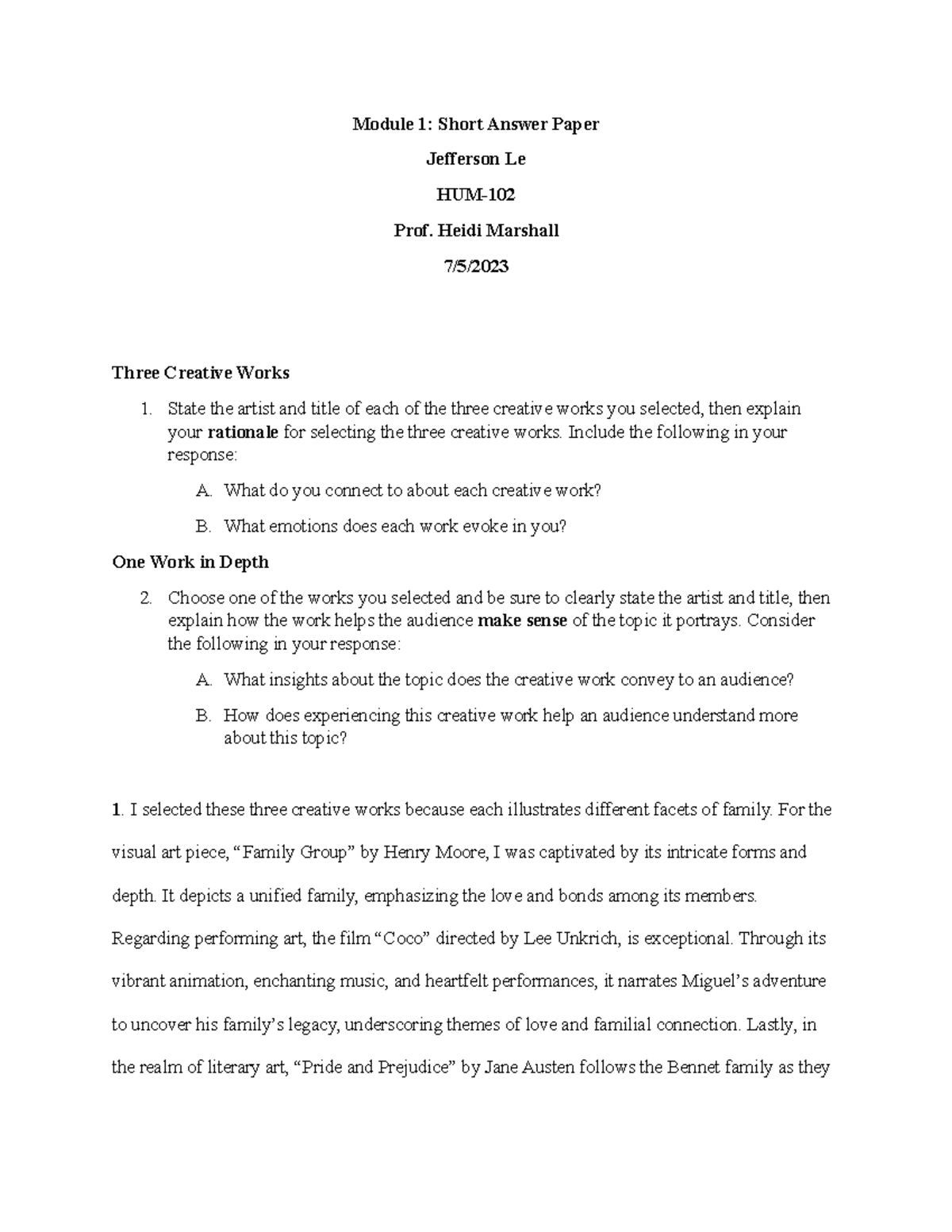 HUM-102 M.1 Short answer paper - Module 1: Short Answer Paper Jefferson ...