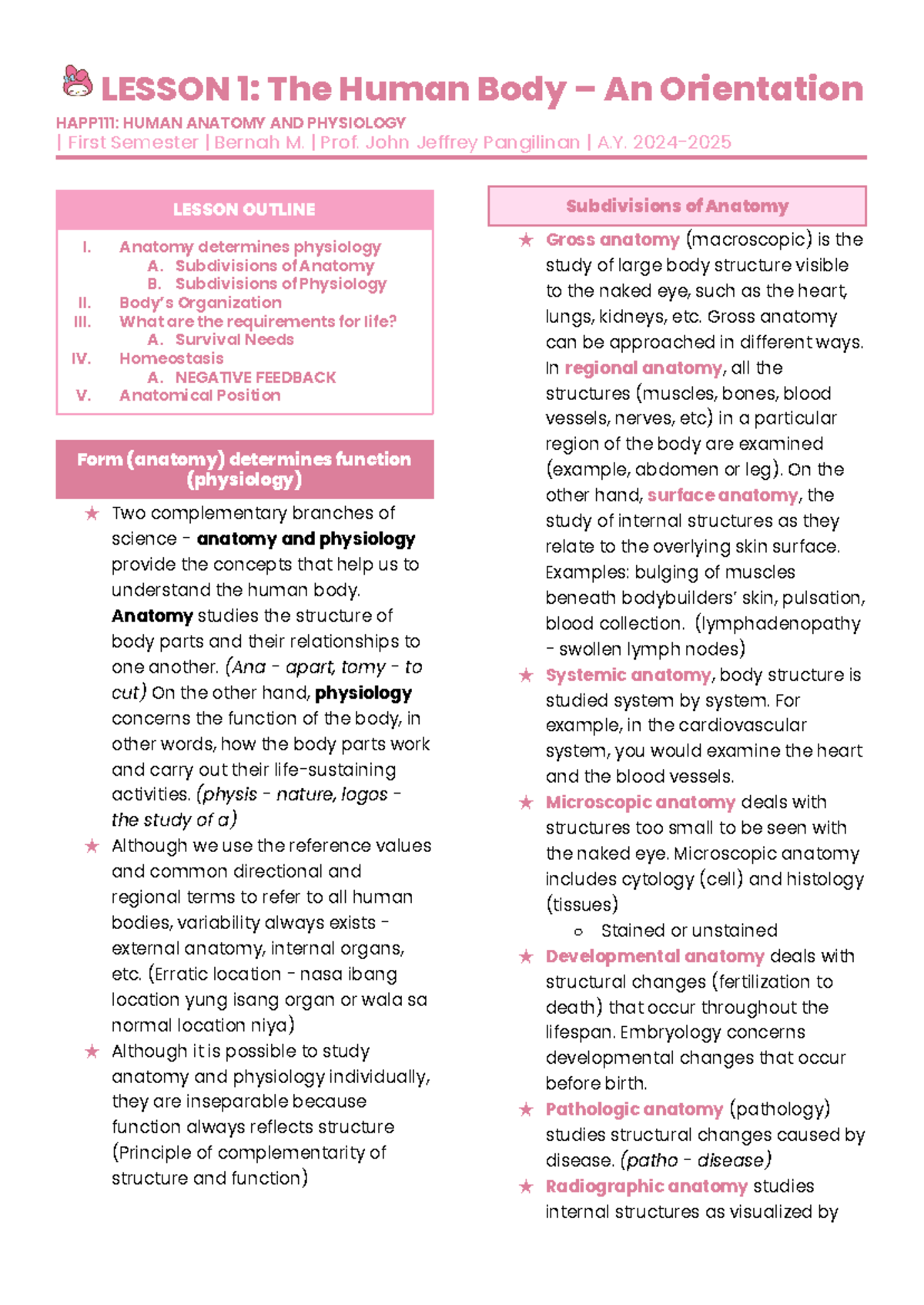 Lesson 1: The Human Body - An Orientation - LESSON 1: The Human Body ...