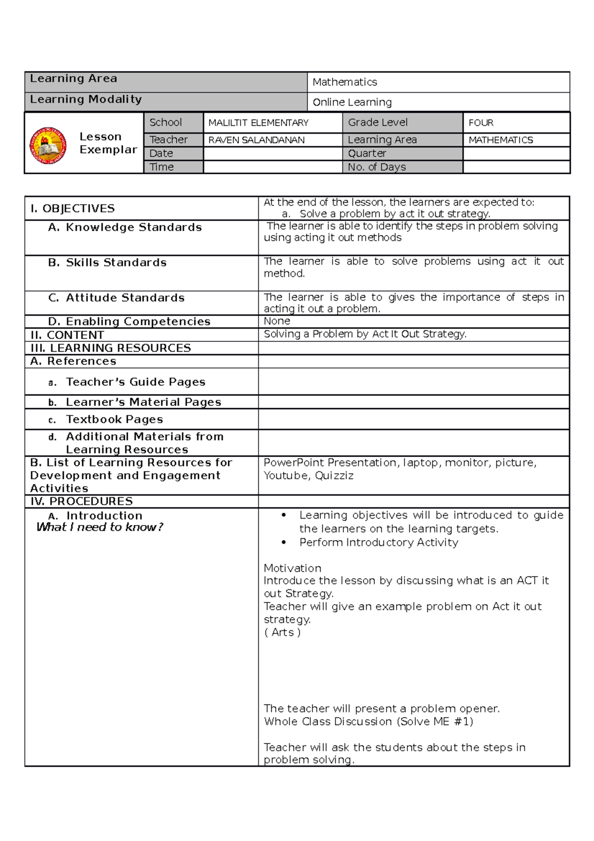 ACT-IT-OUT - NONE - Learning Area Mathematics Learning Modality Online ...