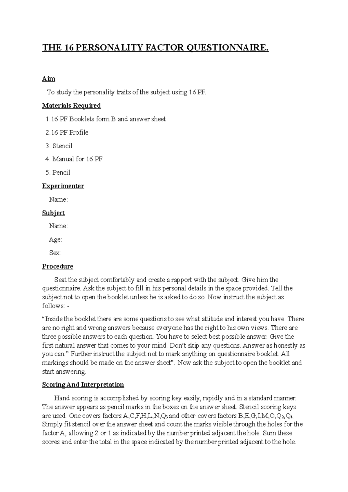 PROCEDURE SHEET OF THE 16 PERSONALITY FACTOR QUESTIONNAIRE - Psychology ...
