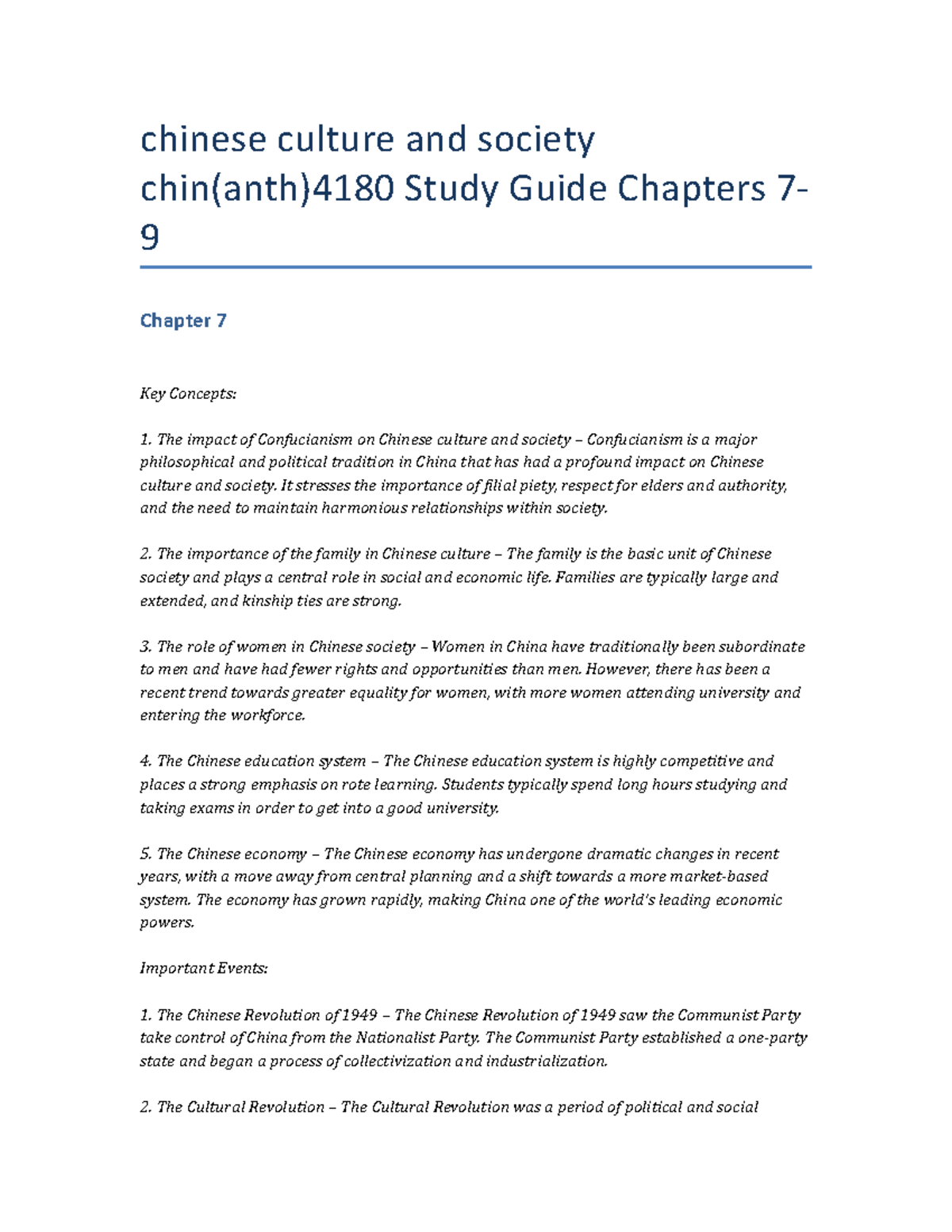 Chinese culture and society chin(anth)4180 Study Guide Chapters 7-9 ...