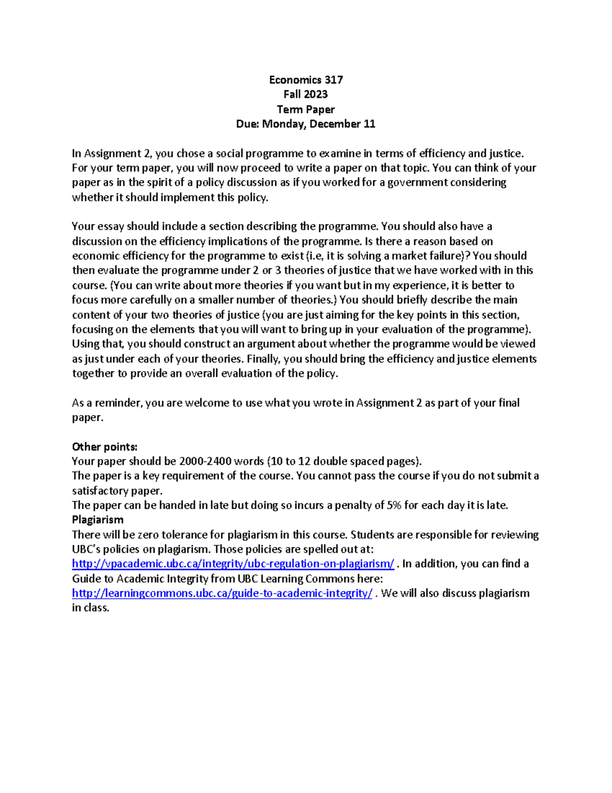 317 Term Paper - Economics 317 Fall 20 23 Term Paper Due: Monday ...