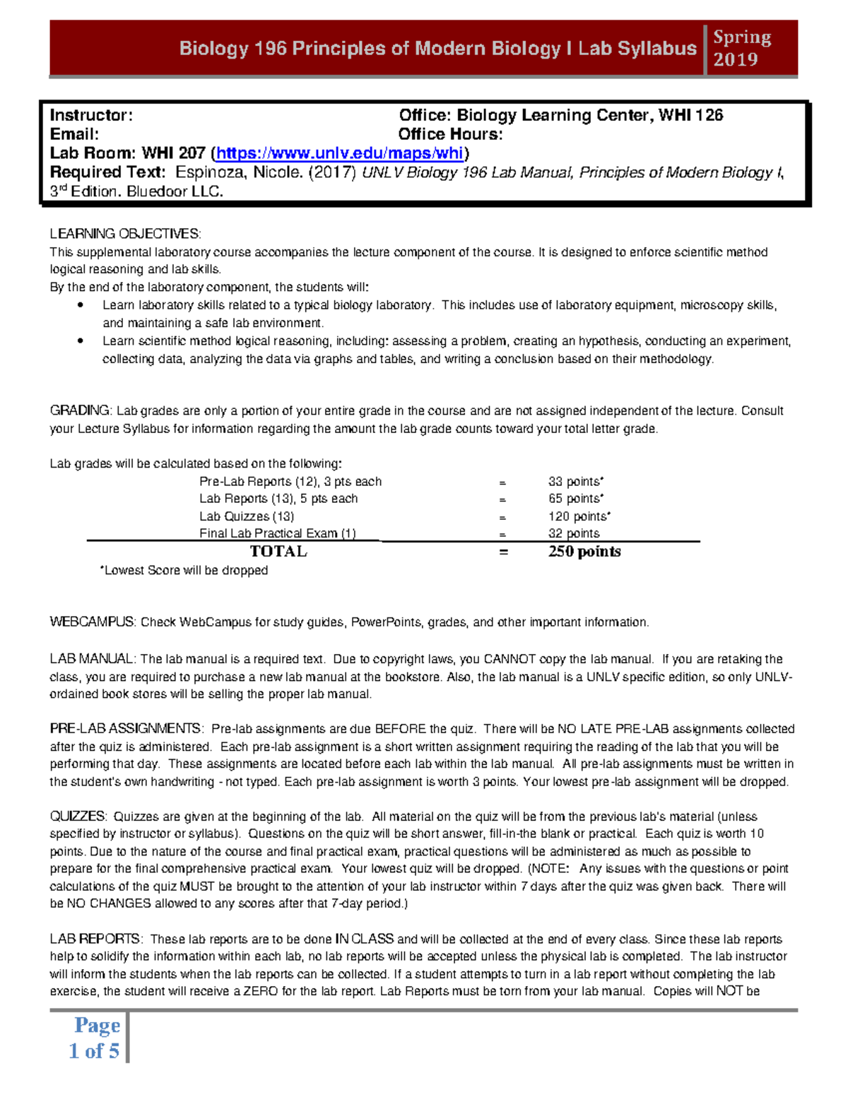 BIOL 196 Lab Syllabus - Biology 196 Principles of Modern Biology I Lab ...