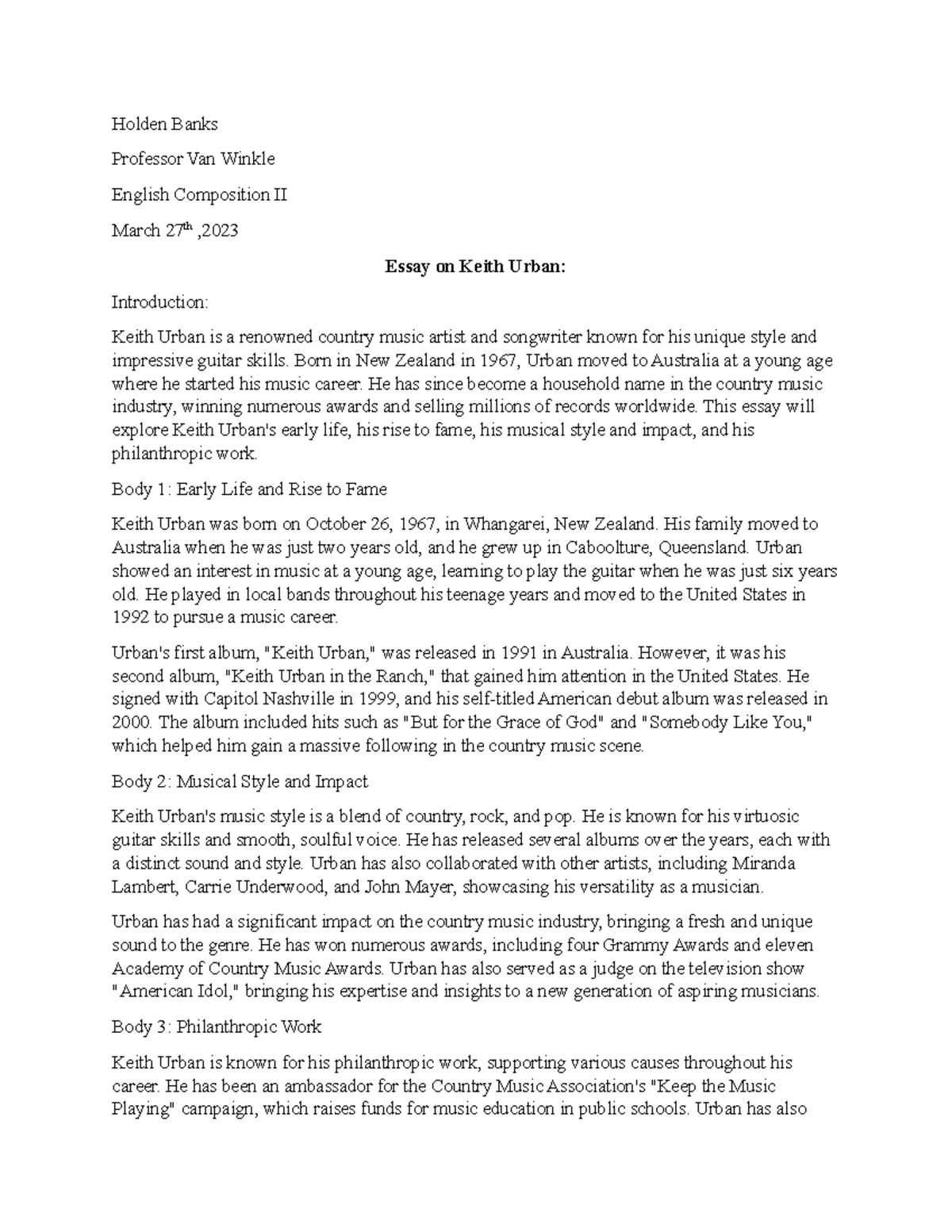 Essay on Keith Urban and his Lifestyle - Holden Banks Professor Van ...