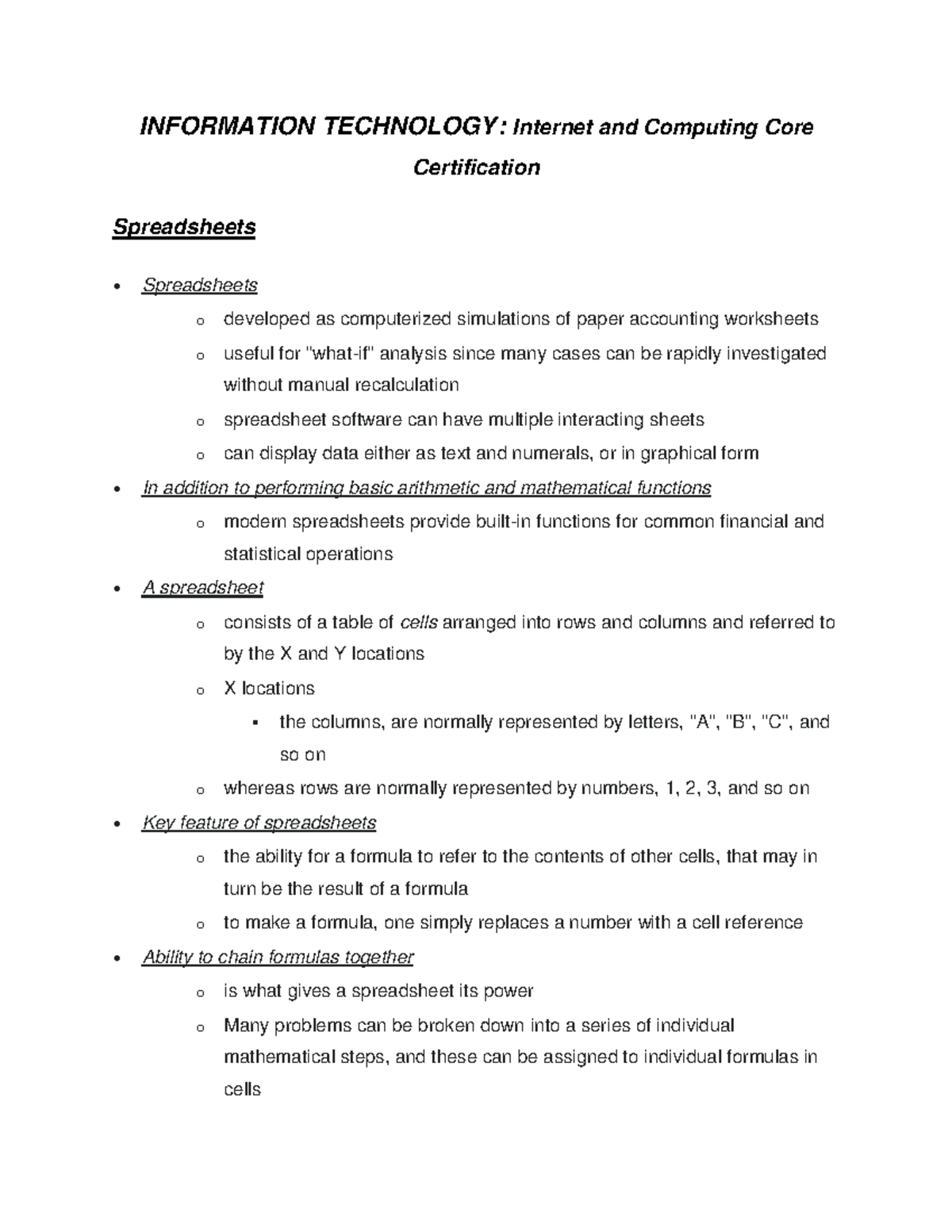 Internet and Computing Core Certification: Spreadsheets - INFORMATION ...
