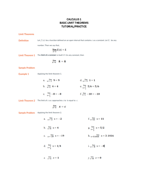 Calculus 1 Assignment 1 - Calculus 1 - 8. lim ( 5 9. lim (s 1 59 3 10 ...