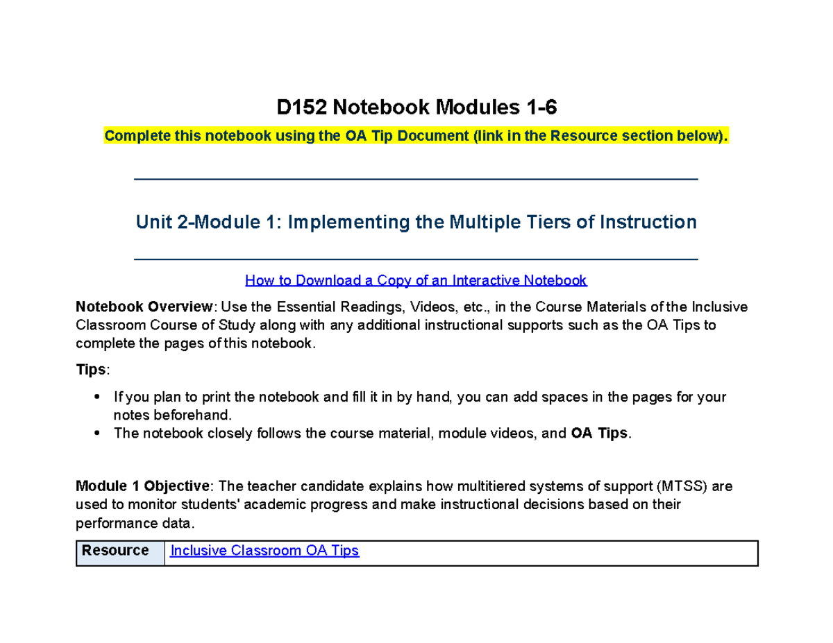 D152 Notebook Modules 1-6 - D152 Notebook Modules 1- Complete this ...