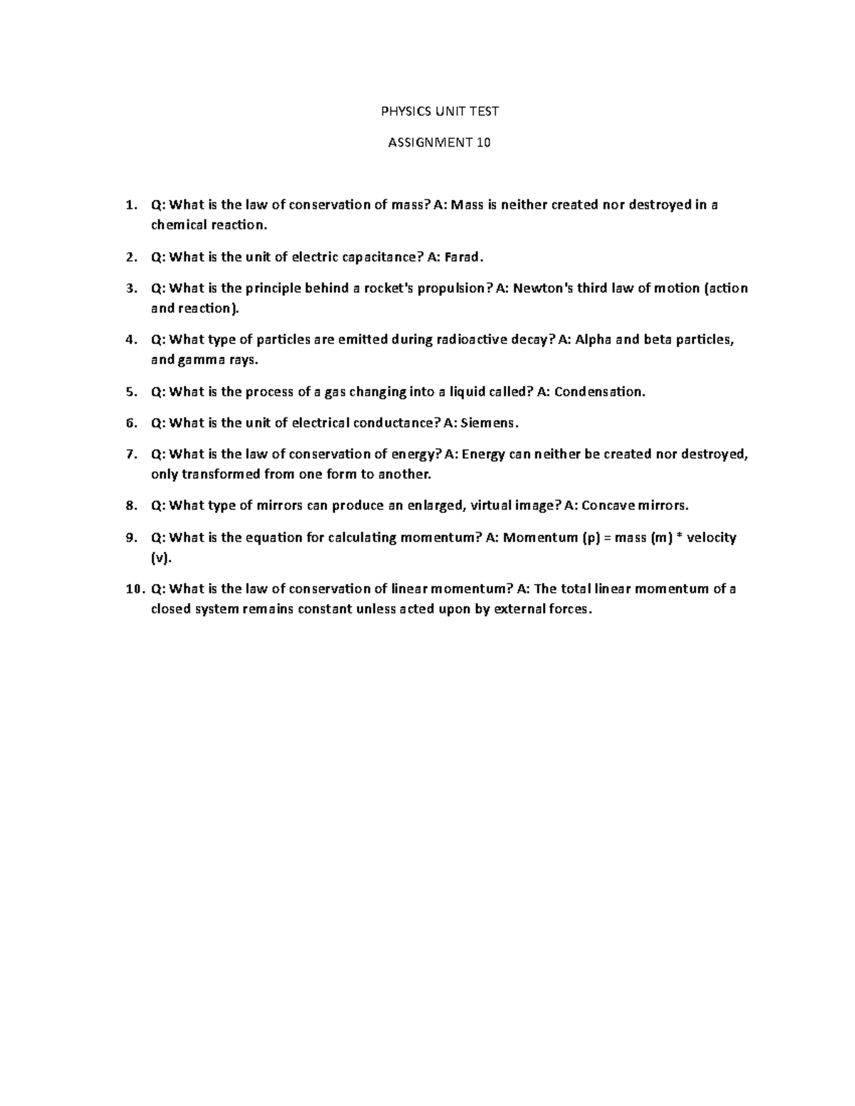 Physics UNIT TEST 10 - unit test - PHYSICS UNIT TEST ASSIGNMENT 10 Q ...