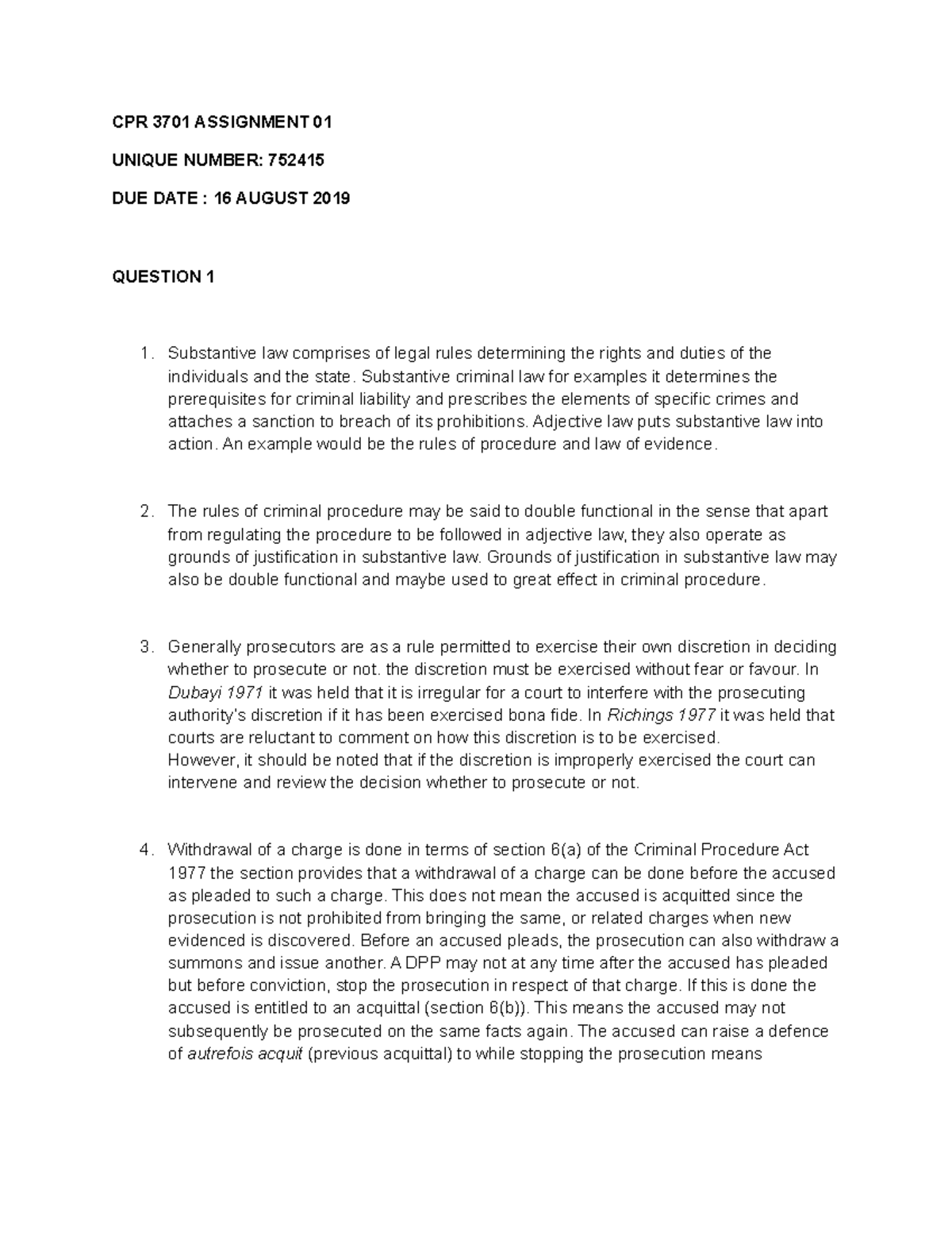 CPR 3701 Semester 2 Assignment - CPR 3701 ASSIGNMENT 01 UNIQUE NUMBER ...