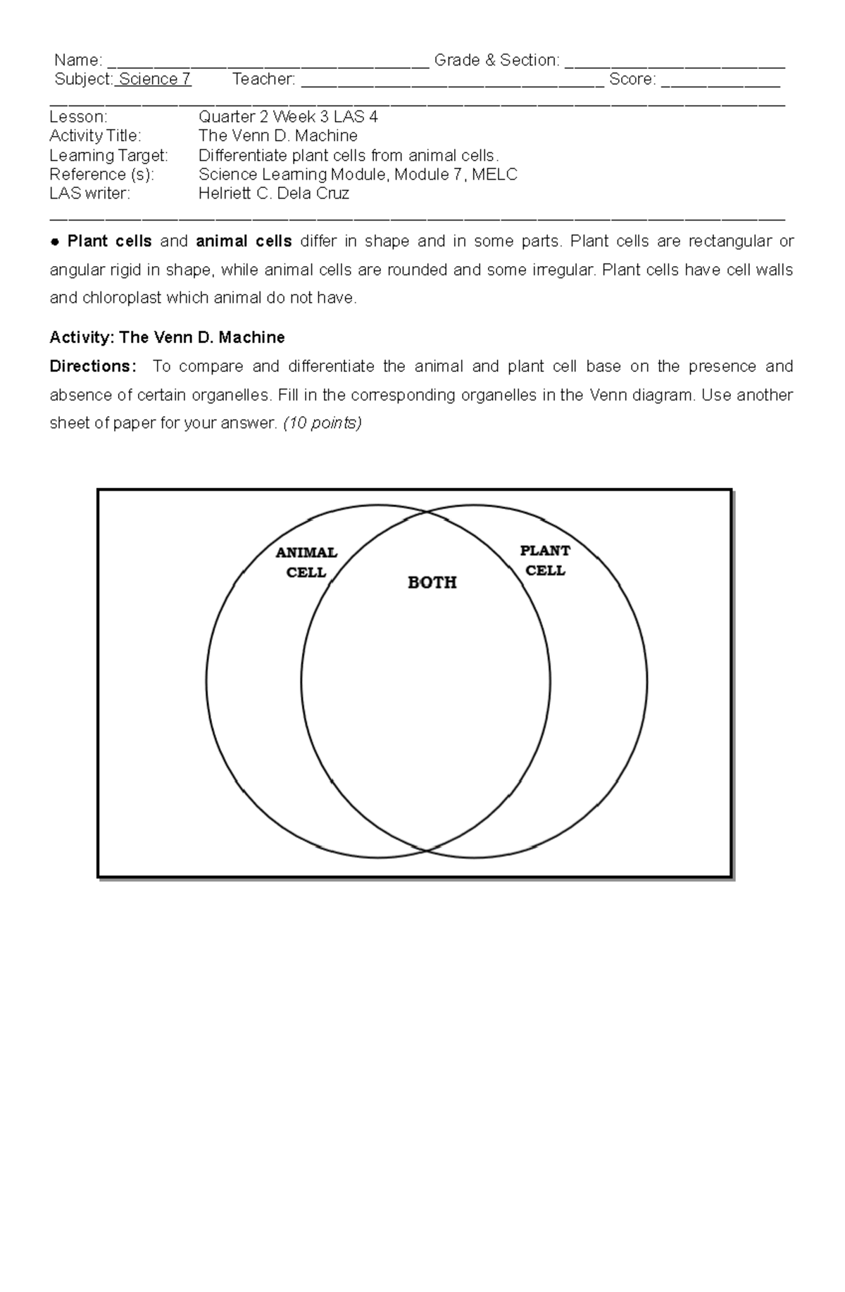 Science 7 Q2 Wee K4 LAS4 - Learning Activities Sheet - Name Science 7 Q2 Wee K4 LAS4 - Learning Activities Sheet - Name