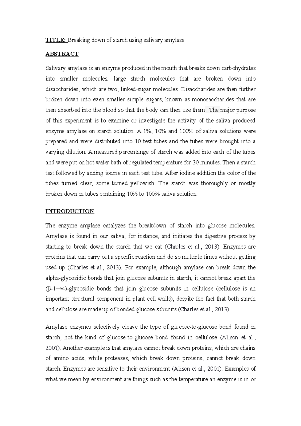BCH 321 PRAC 01 - TITLE : Breaking down of starch using salivary ...