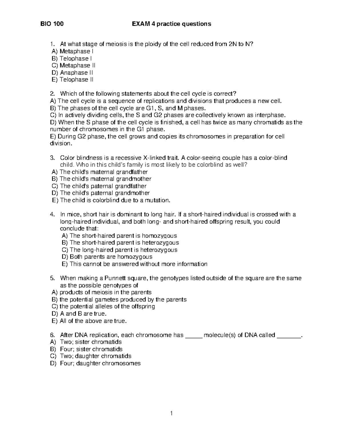 DNA and Cell Cycle Exam Practice Questions - At what stage of meiosis ...