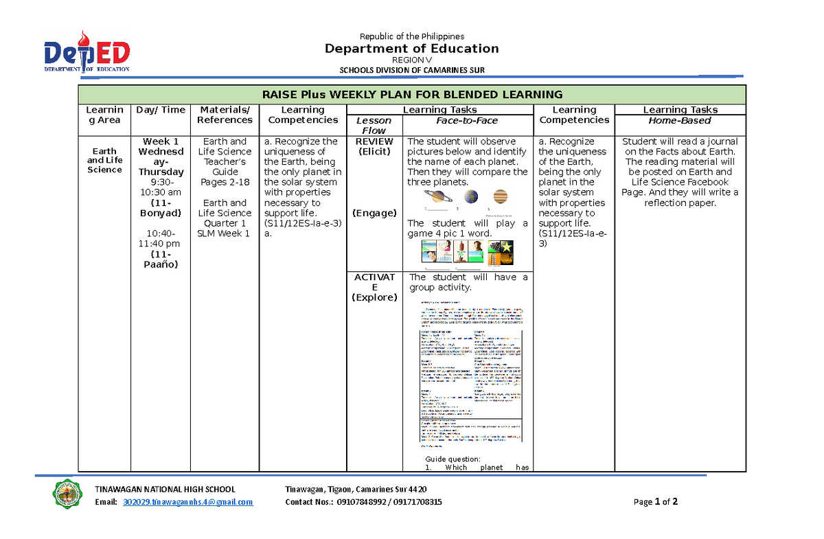 EALS W1 - Weekly lesson plan - Republic of the Philippines Department ...