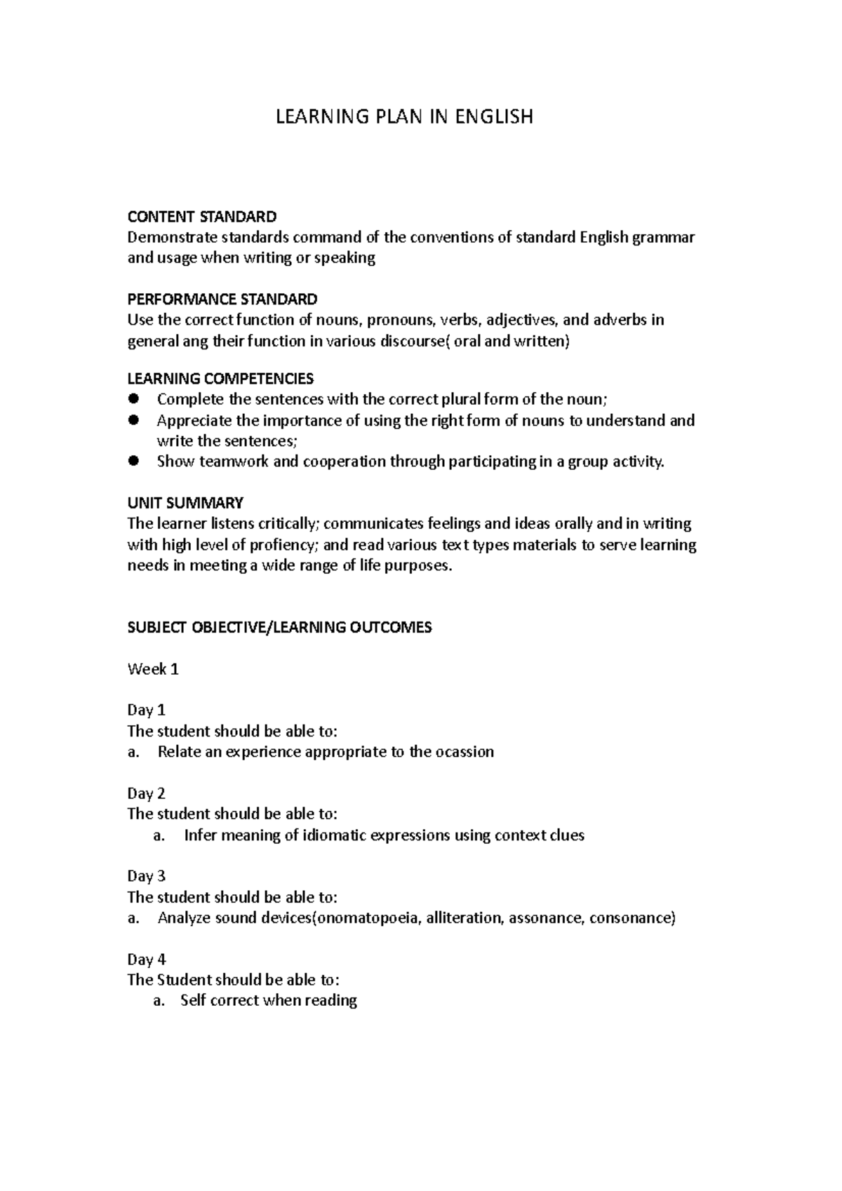 Learning PLAN IN English yolly - LEARNING PLAN IN ENGLISH CONTENT ...