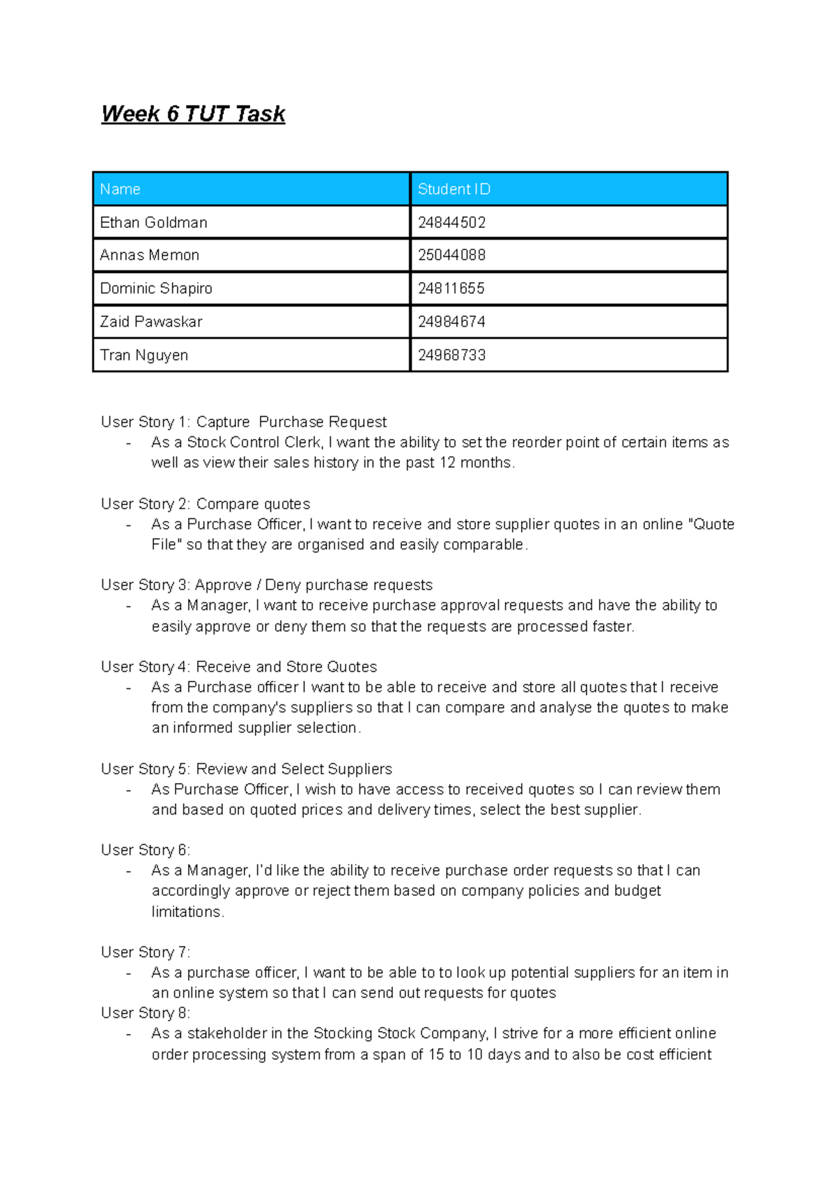Week 6 tut14 Group 1 TASK - Week 6 TUT Task Name Student ID Ethan ...