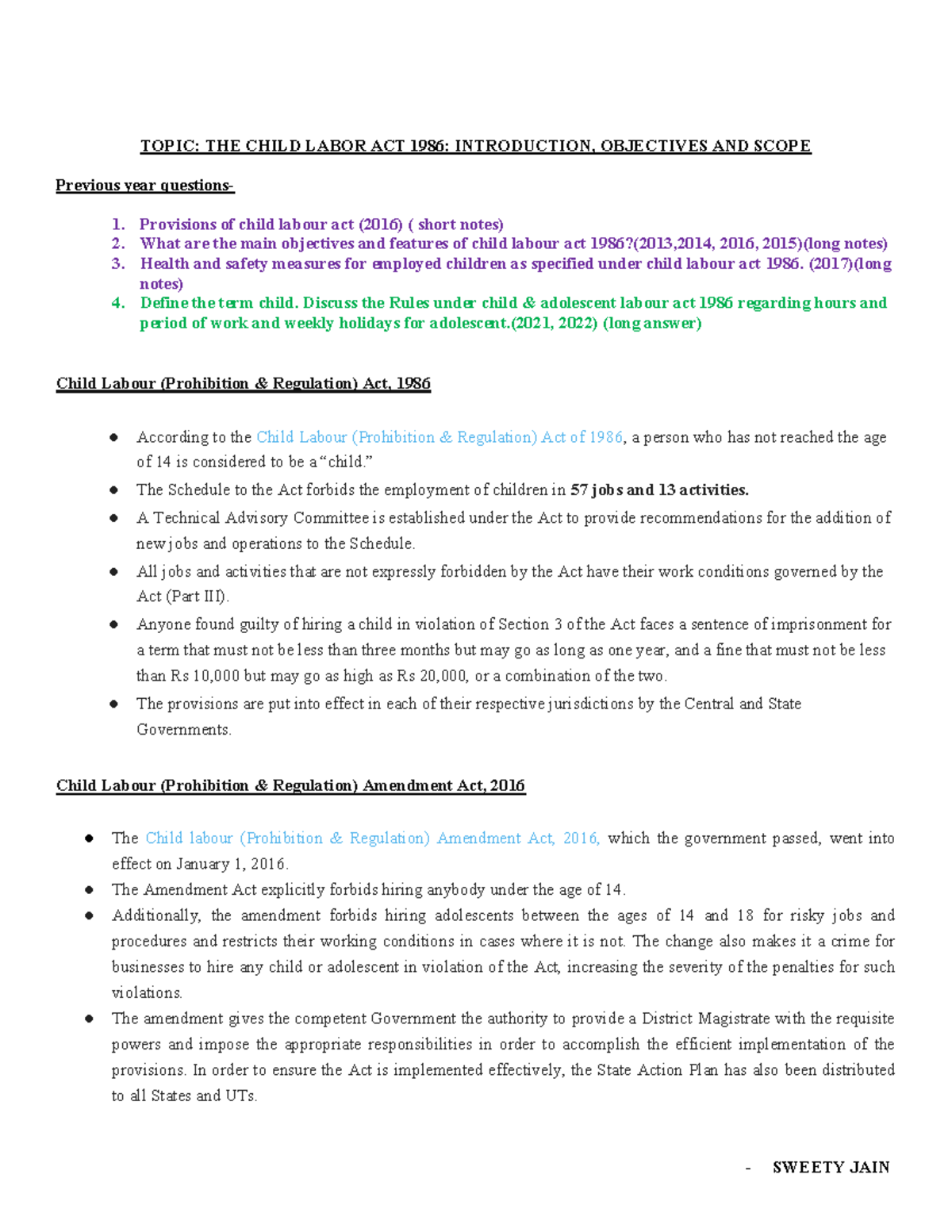 Child Labor ACT 1986 - No special description - TOPIC: THE CHILD LABOR ...