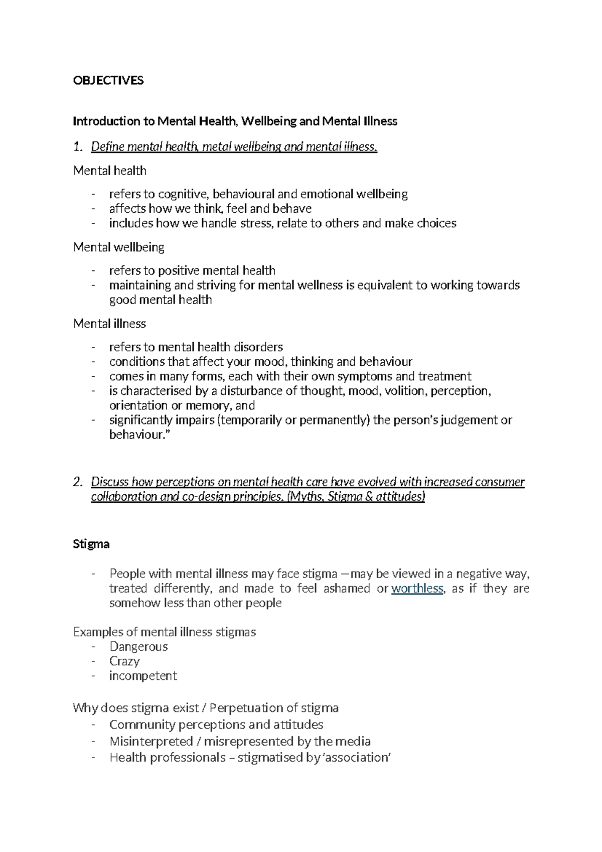 NUM2307 - OBJECTIVES Introduction to Mental Health, Wellbeing and ...