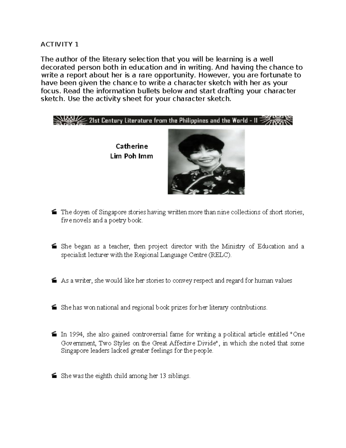 Asian Literarture Activity - ACTIVITY 1 The author of the literary ...