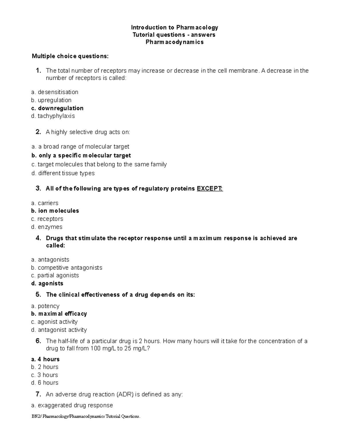 Pharmacodynamics Tutorial Answers - Introduction to Pharmacology ...