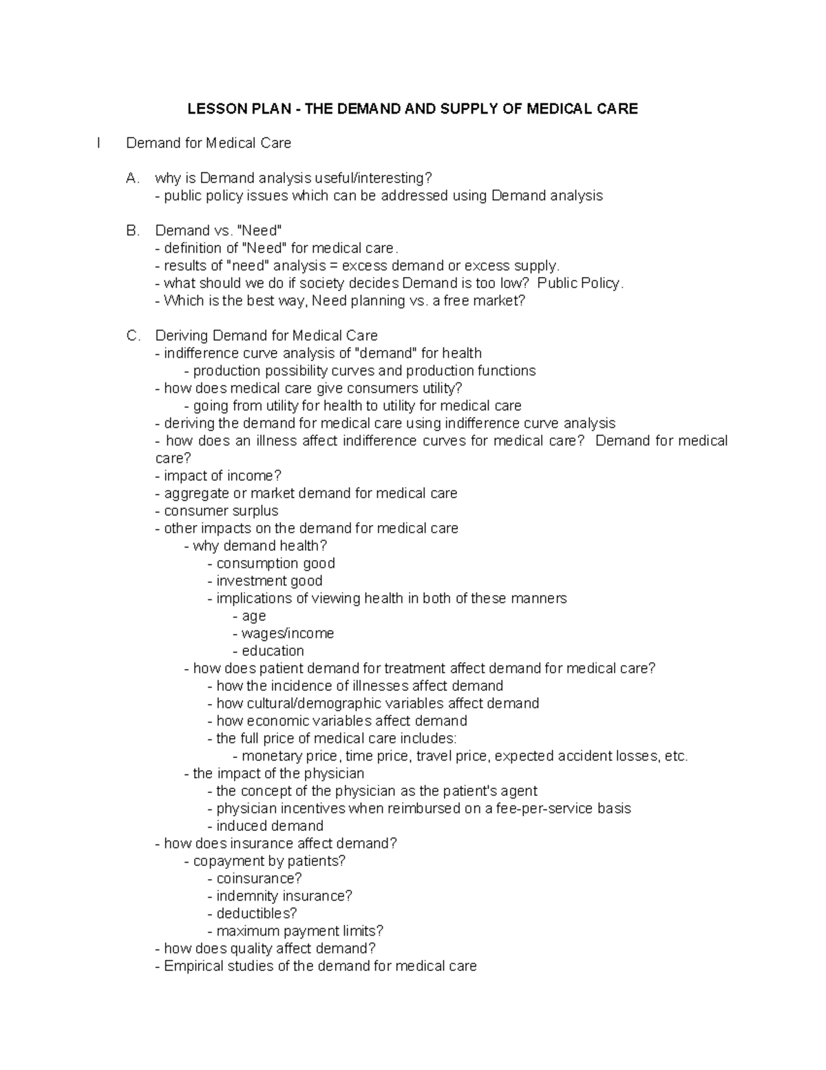 LESSON PLAN - THE DEMAND AND SUPPLY OF MEDICAL CARE (overview) - LESSON ...