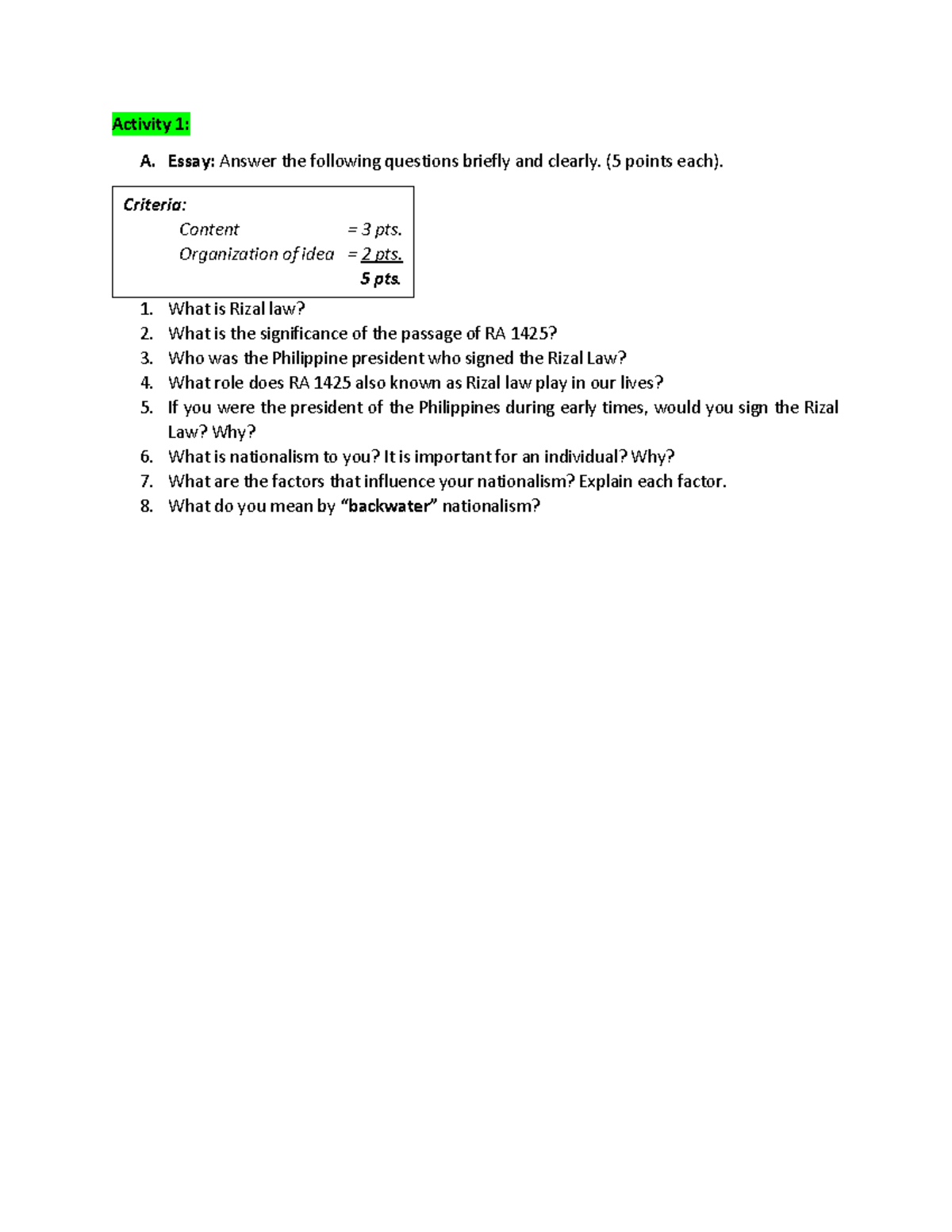 Rizal Module 1 practice materialModule 1 Activity 1 - Batchelor of ...