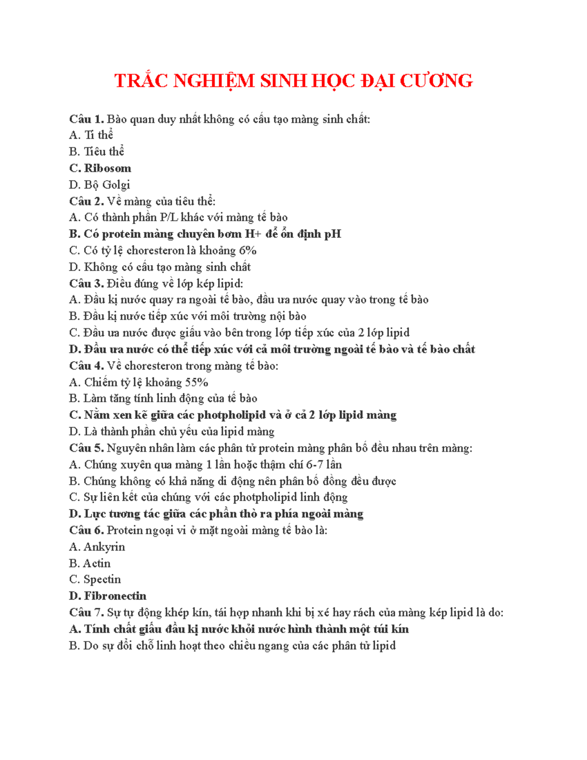 Trac nghiem sinh hoc dai cuong vieclamvui - TRẮC NGHIỆM SINH HỌC ĐẠI CƯƠNG Câu 1. Bào quan duy ...