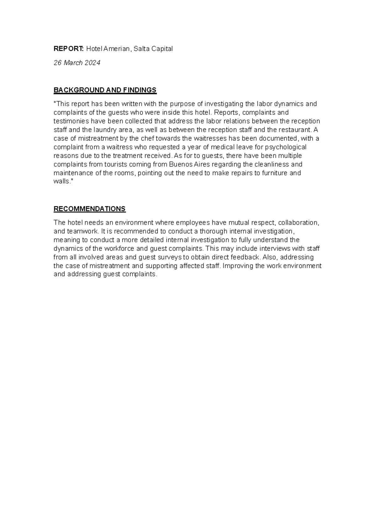 Report - nada - REPORT: Hotel Amerian, Salta Capital 26 March 2024 ...