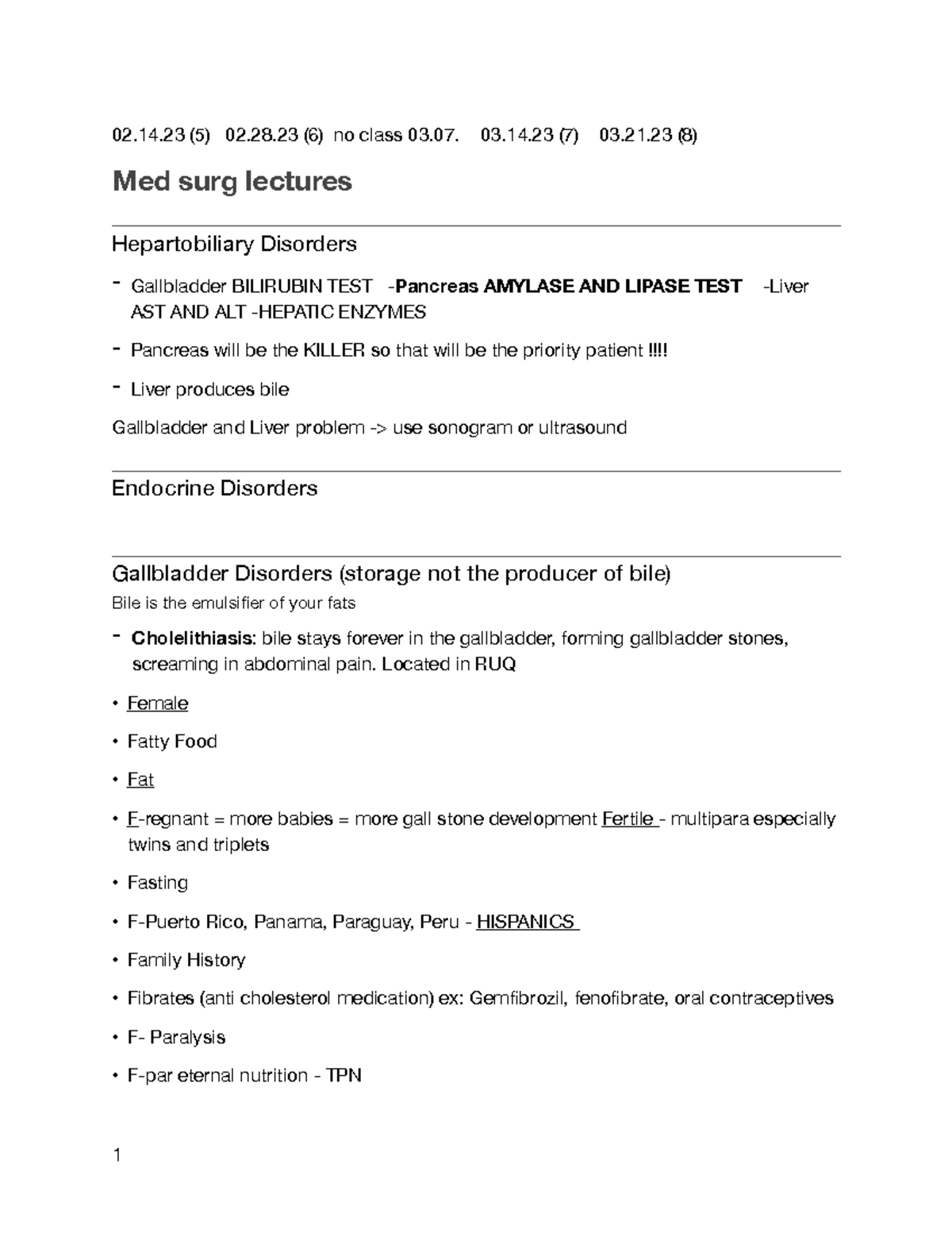 Med surg lecture 5,6,7,8 - 02.14 (5) 02.28 (6) no class 03. 03.14 (7 ...