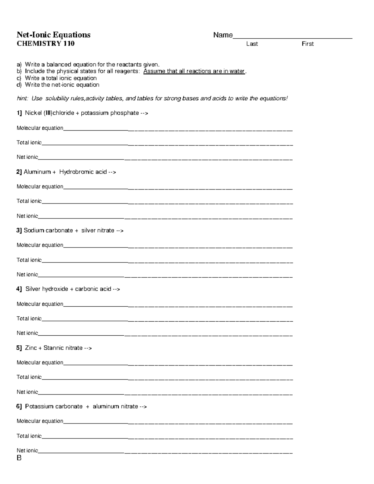 110 WS Net-Ionic Equations - B Net-Ionic Equations Name ...