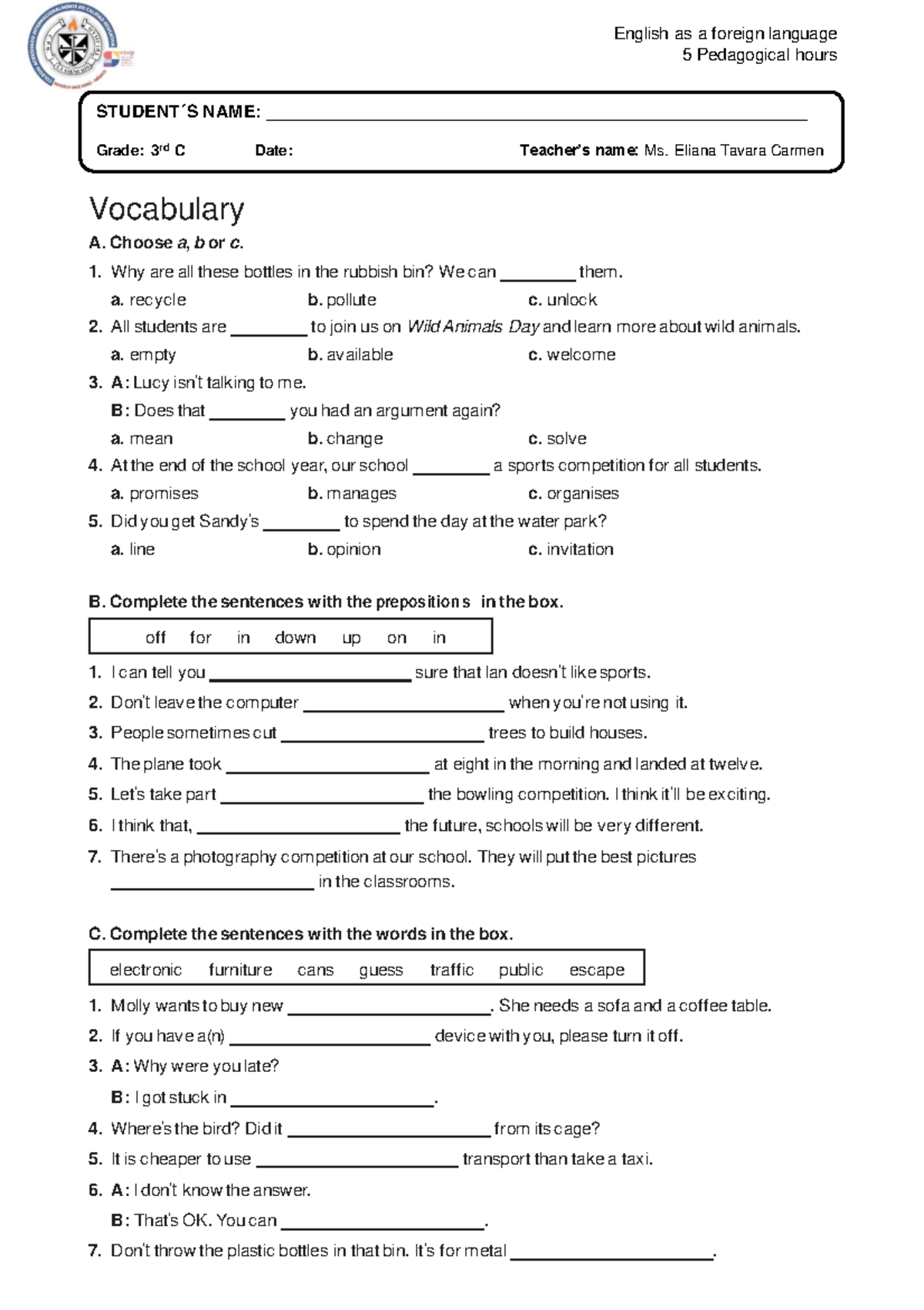 TEST Module 5 - 3RD Secondary - 5 Pedagogical hours Vocabulary A ...