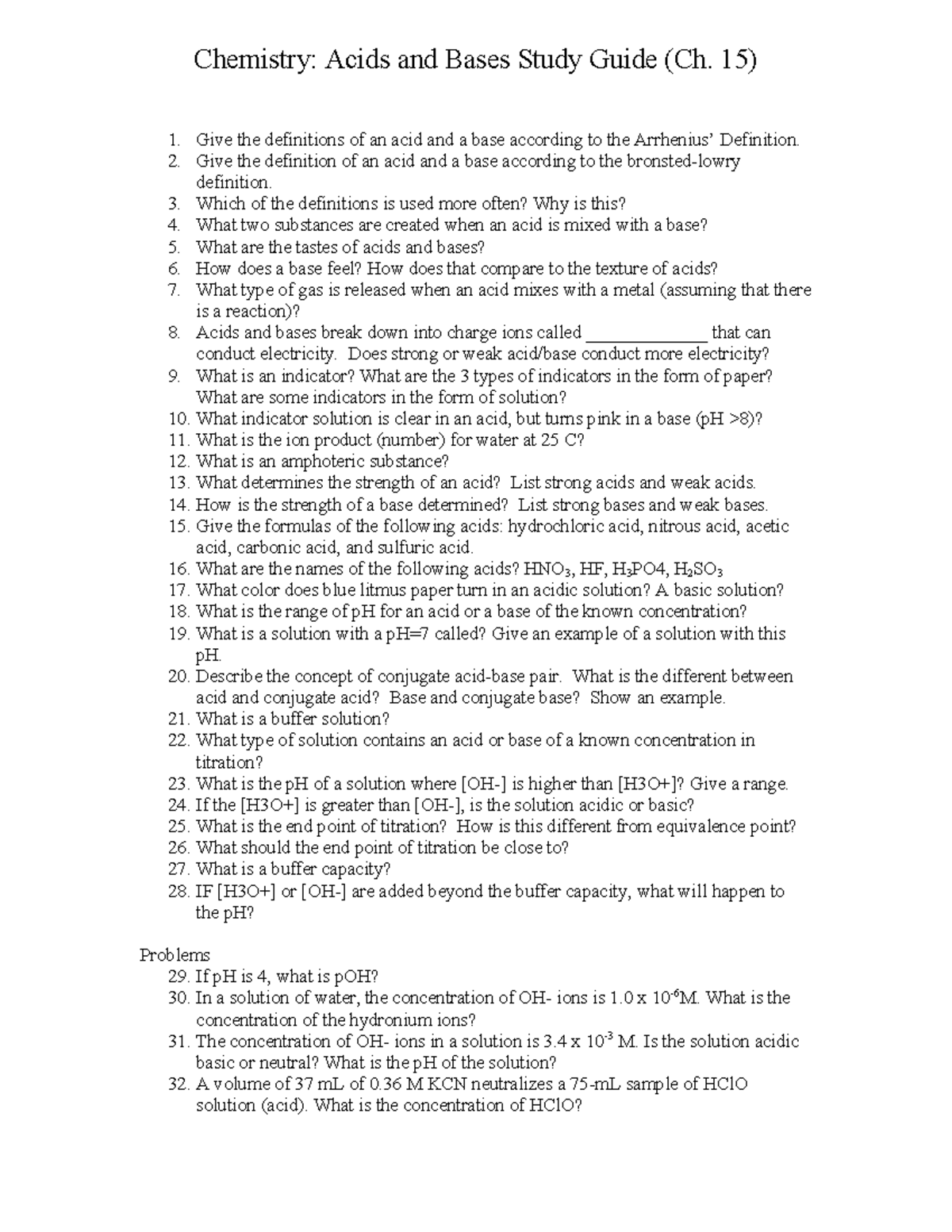 Acids and Bases Study Guide jkim v1 - Chemistry: Acids and Bases Study ...